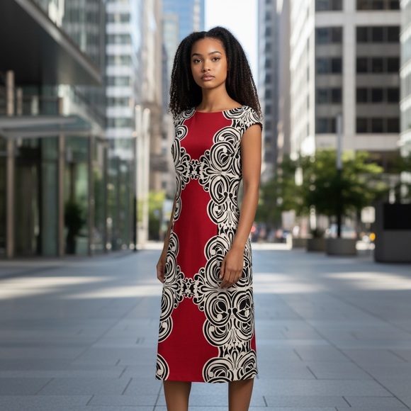 Dresses | Elegant Red And Black Patterned Dress | Poshmark
